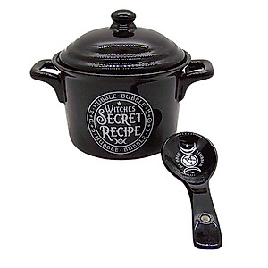 Alchemy Witches Secret Recipe Cauldron Lidded Bowl and Spoon Set, Gothic Kitchen Serveware, 4.75 Inches