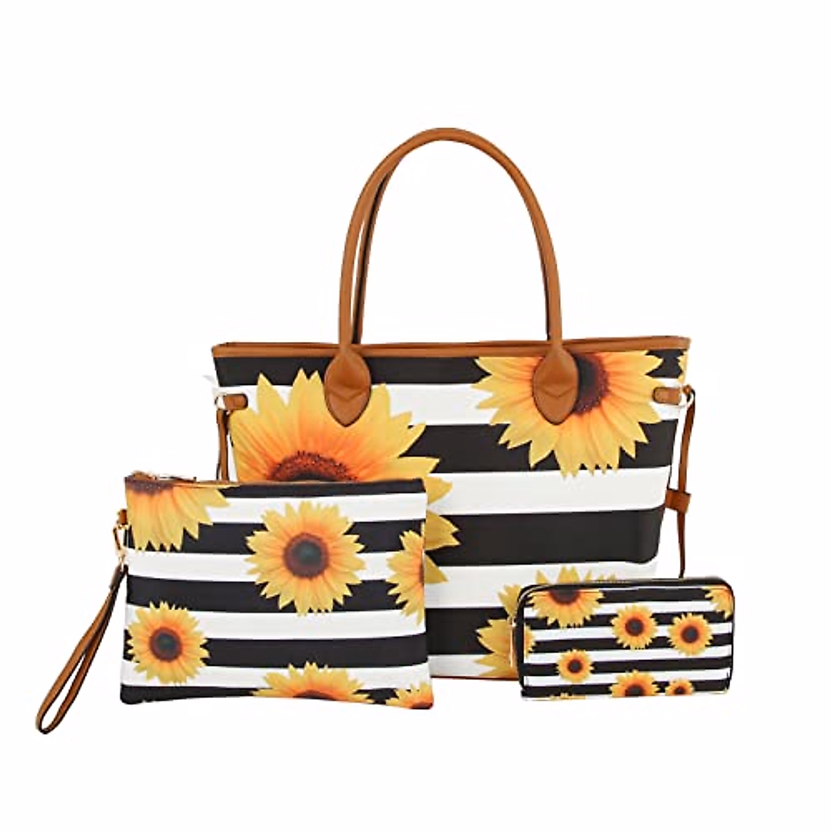 Sunflower Handbag 3 Piece Set Tote, Clutch, and Wallet - LPR0391W - MT, Black Multi Sunflower