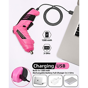 Durofort Pink Cordless Electric Screwdriver Set, 4.1V Rechargeable Small Electric Drill with 48pcs Driver Bit Set, Power 3Nm Screw Gun with 2 Position Handle, Flexible Shaft LED Light for Women