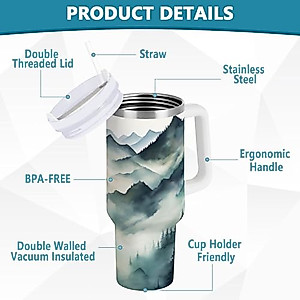 Qilmy 40 oz Mountain Forests Tumbler with Handle and Straw Lid for Water Iced Tea or Coffee, Stainless Steel Insulated Leak-proof Travel Coffee Mug Cup Gifts