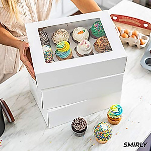 SMIRLY White Cupcake Boxes 12 Count: Disposable Cupcake Containers 12 Count, Cupcake Holder with Lid, Cupcake Carrier, Bakery Boxes with Window, Pastry Boxes Cookie Boxes with Window Large Treat Boxes