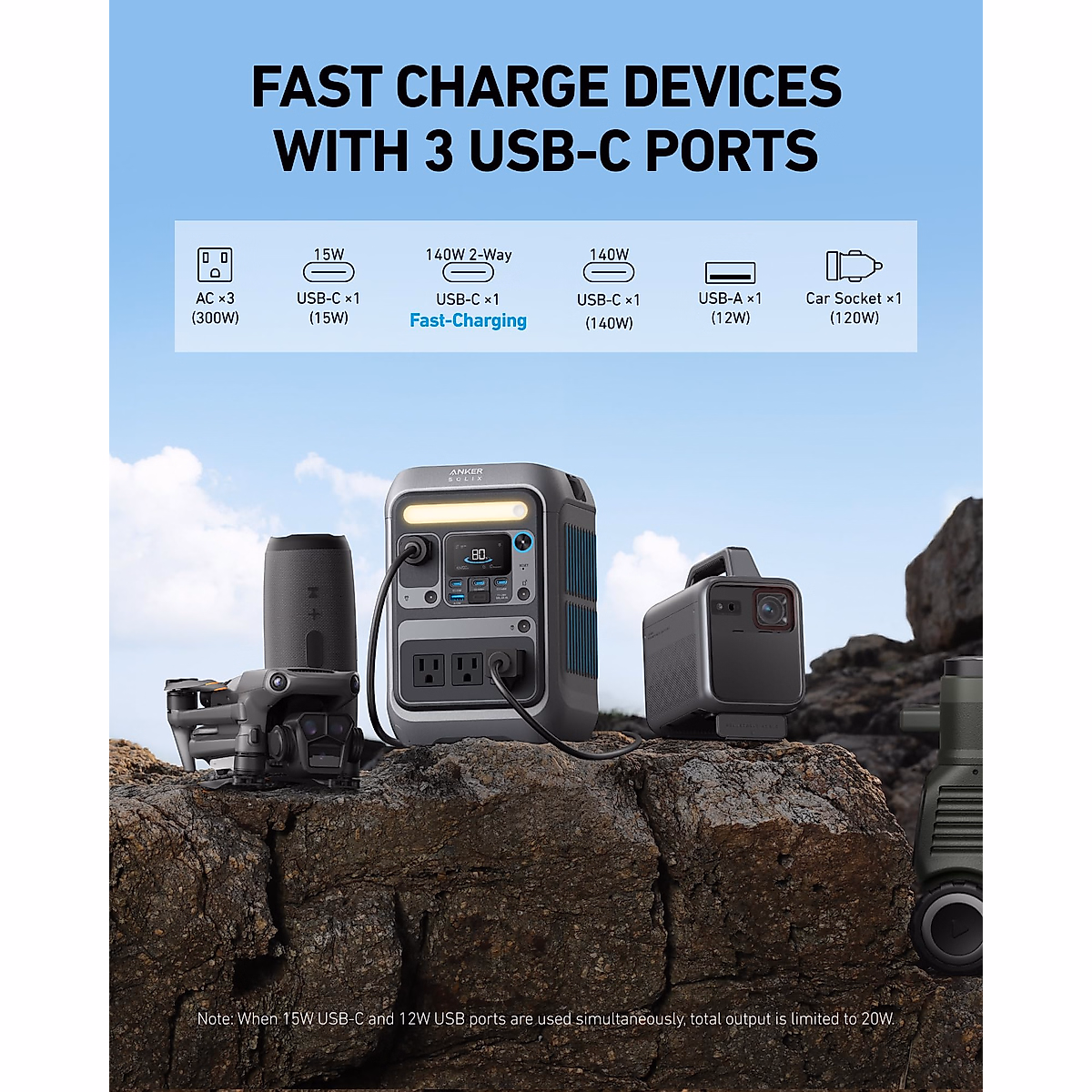 Anker SOLIX C300 Portable Power Station, Outdoor 288Wh LiFePO4 Battery, 300W (600W Surge) Solar Generator, 140W Two-Way Fast Charging, for Camping, Traveling, and Emergencies (with 60W Solar Panel)