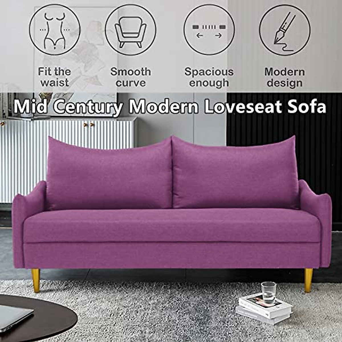 Gynsseh Modern Loveseat Sofa, 100% Polyester Upholstered Sofa Couch with Golden Metal Leg, 67" W Mid Century Love Seat Sofas for Living Room Bedroom Home Office (Purple)