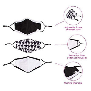 MIAMICA 3 Fashion Cloth Face Mask Nose Wire Cotton Breathable Double Layer Machine Washable Reusable Adjustable Ear Strap Inner Pocket for Removable Filter - Houndstooth, Black, White