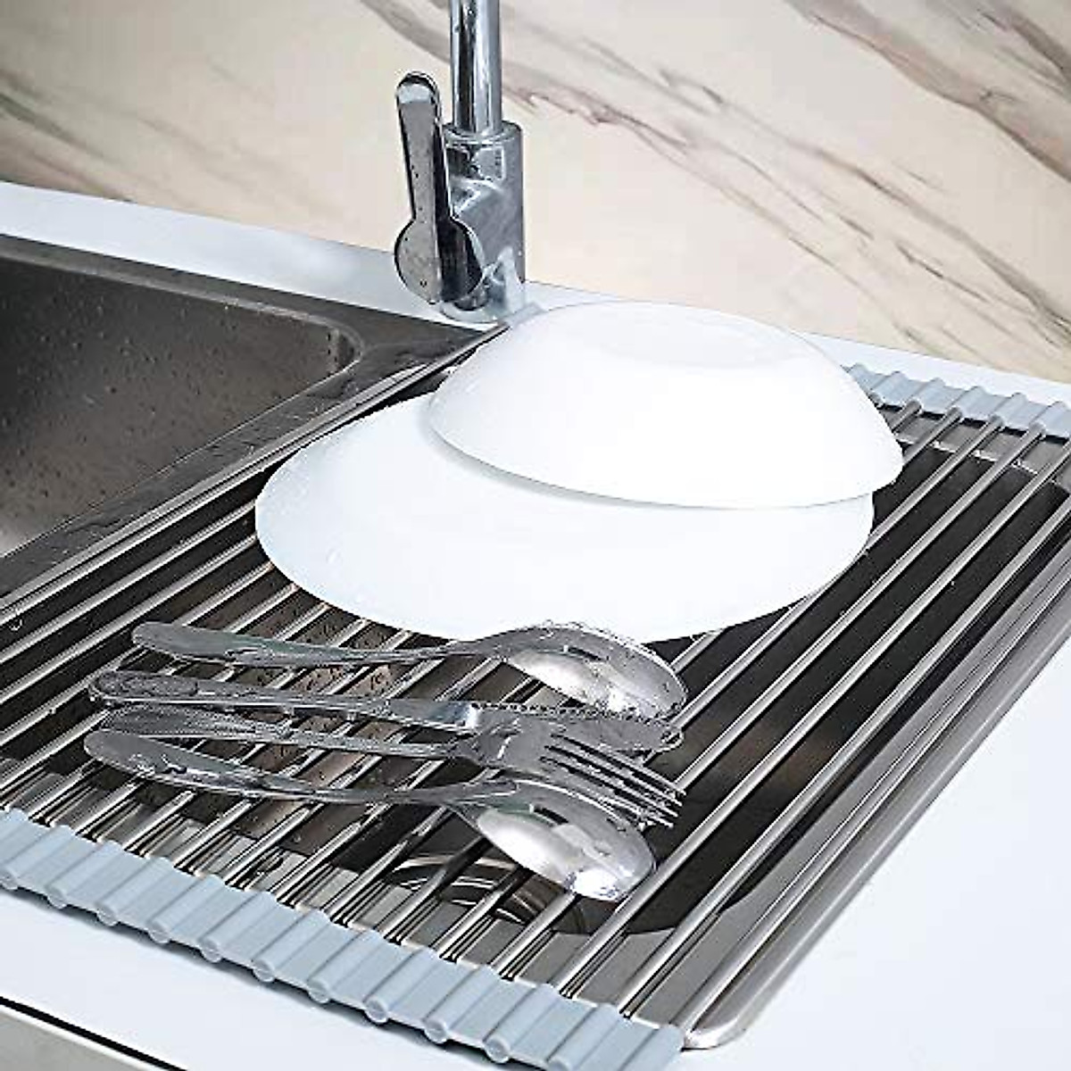 LIMNUO Roll Up Dish Drying Rack, Over The Sink Dish Drying Rack Kitchen Rolling Dish Drainer Foldable SUS304 Dish Drying Rack for Kitchen Sink Counter (16.5''(W) 13.2''(L), Gray)