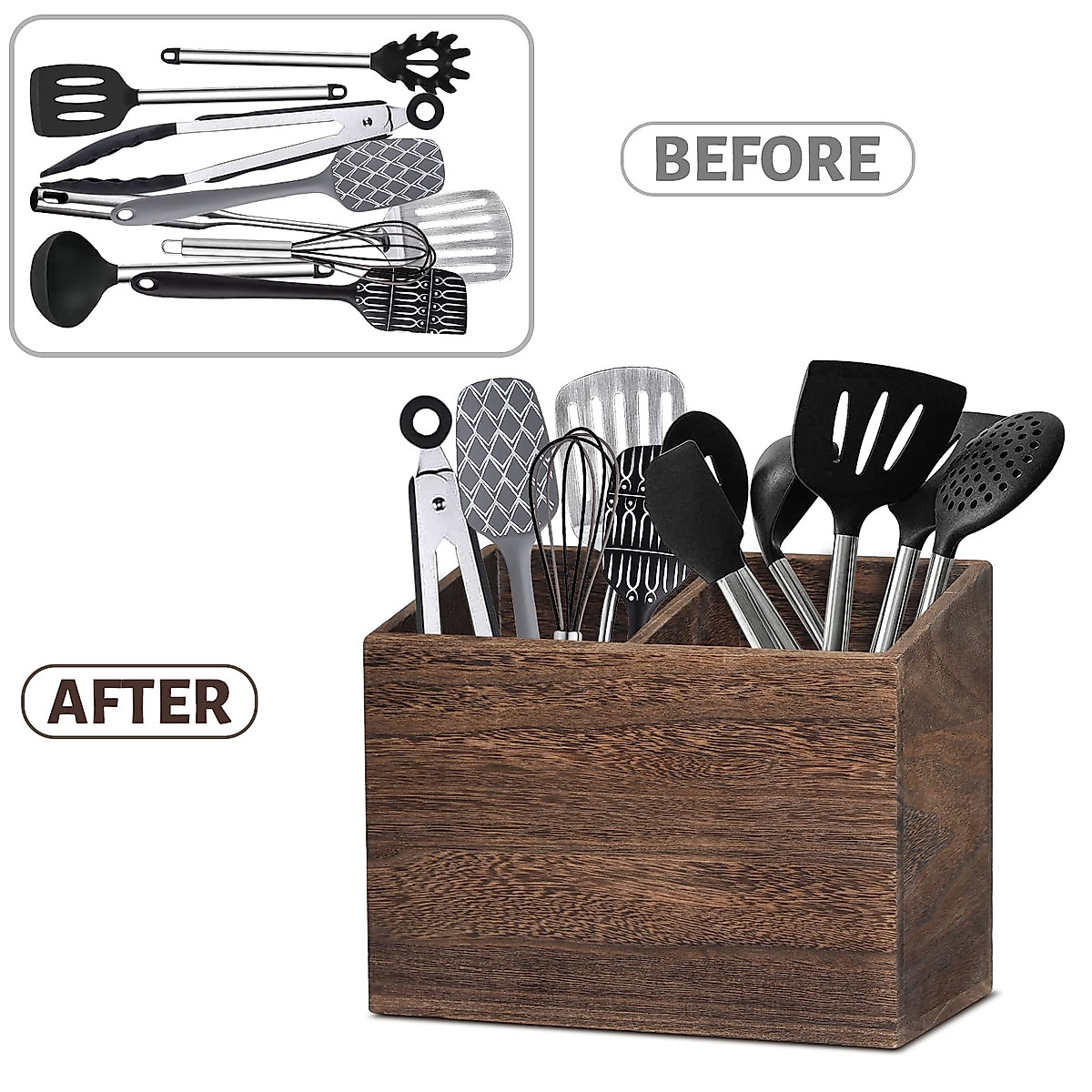 Wooden Kitchen Utensil Caddy With 2 Compartments, Rustic Kitchen Utensil Holder for Kitchen Countertop, Wood Utensil Crock Organizer Box for Farmhouse Kitchen Decor