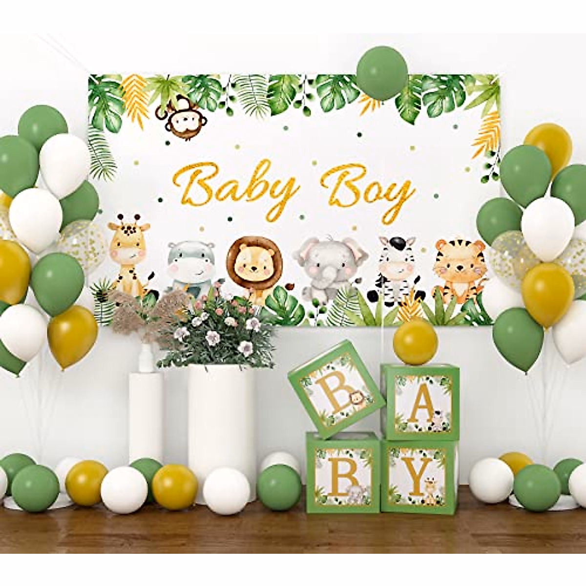 Jungle Safari Baby Shower Decorations for Boy, Animal Tablecloth Backdrop & Green White Gold Balloon Arch Set Sage Green Zoo Theme Baby Boy Party Decor Supplies