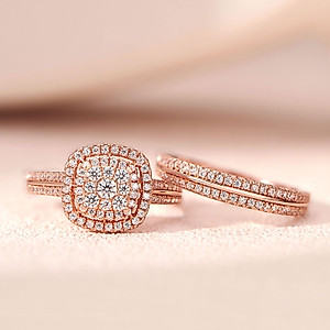 SHELOVES Womens Double Halo Rose Gold Wedding Engagement Ring Set 925 Sterling Silver Cubic Zirconia Sz 7