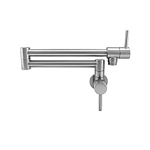 QWORK Stainless Steel Wall Mount Pot Filler Faucet - 1/2"-14 NPT Thread, Commercial Kitchen Sink Faucet with Foldable Stretchable Double Handles and Single Hole Configuration