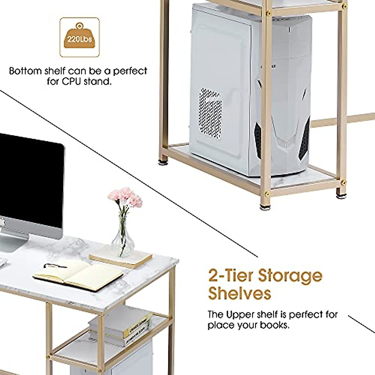 ivinta Computer Desk with Shelves, Office Desk for Living Room,Small Desk with Storage Space, Home Office Desks, Vanity Desk with Gold Legs PC Laptop Table (White, 55")