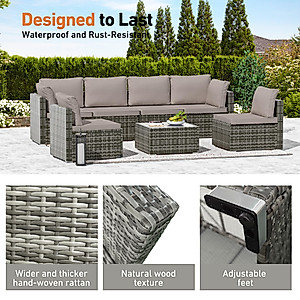 Covered Outdoor Patio Furniture Set, 7 Pieces Patio Furniture Sets with Glass Table, All-Weather PE Wicker Outdoor Couch Sectional Set, Outdoor Furniture Set for Garden/Patio/Ottoman, Grey