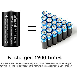 BONAI Rechargeable C Batteries, C Cells 5000mAh 1.2V Ni-MH High Capacity C Size Battery (4 Pack)