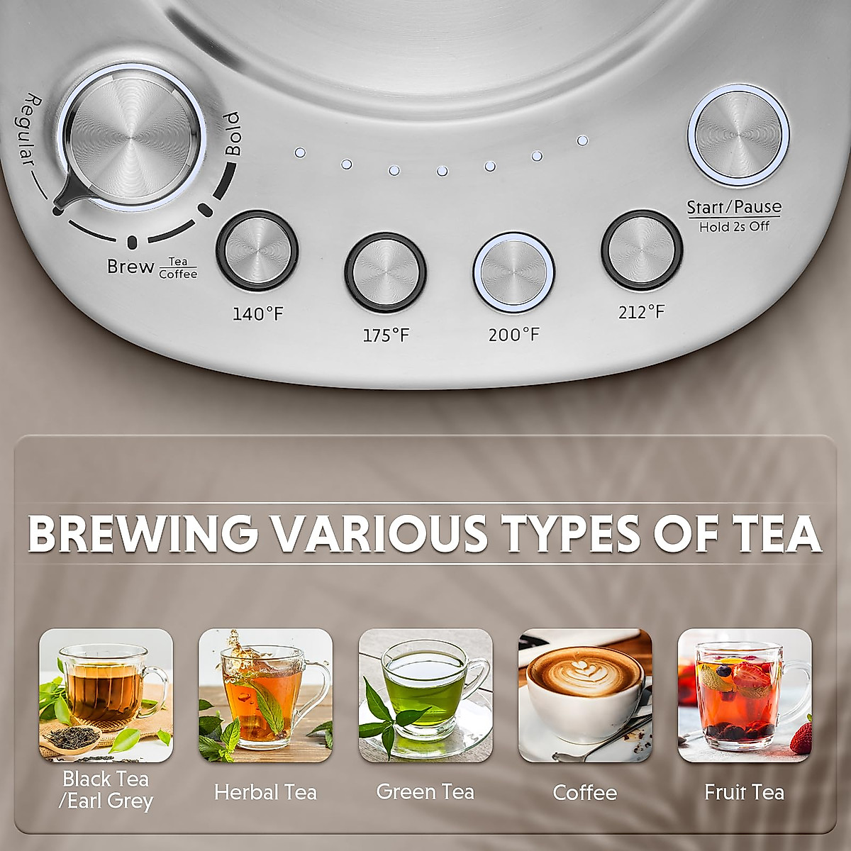 BUYDEEM K176 Tea Maker, Multifunctional Stainless Steel Electric Kettle for Tea and Coffee Brewing, Auto Keep Warm, German Schott Glass, 1.5L