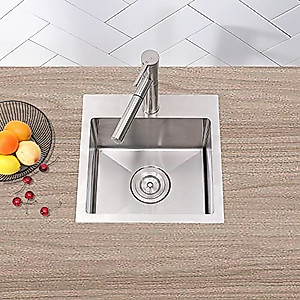 VCCUCINE Drop in Bar Sink, 15 x 15 Inch Topmount RV Small Kitchen Sink, Handmade Stainless Steel Wet Bar Sink, Outdoor Single Bowl, Brushed Nickel Prep Sink with Accessories