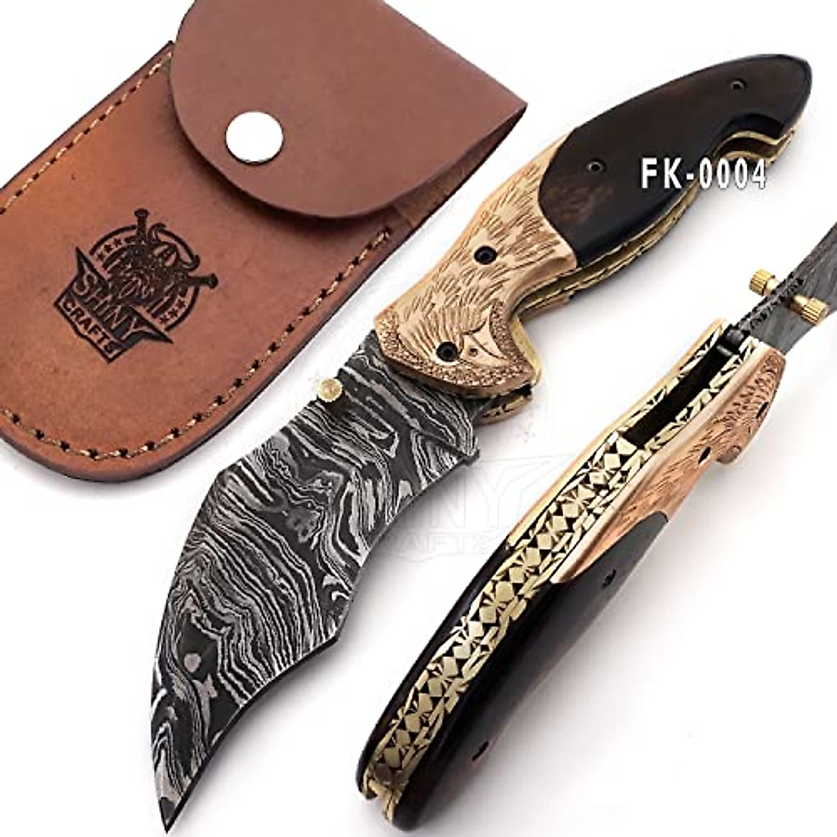 SHINY CRAFTS -Damascus Pocket Knife Knives For Men OTF Knife Survival Knife- Folding Knives - Everyday Carry - PlainEdge - Leather Sheath (FK 04)