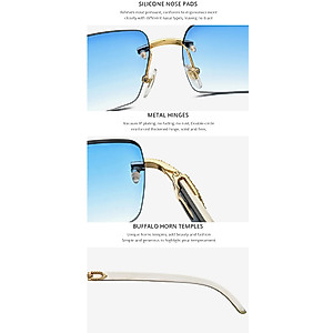 HEPIDEM 100% Really Buffalo Horn Sunglasses for Men Rimless Square Diamonds Buffs Sun Glasses 0015 (Diamond Black Blue)