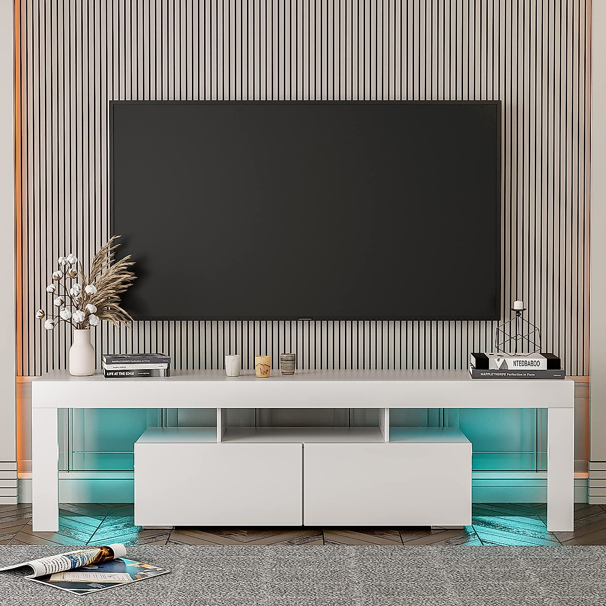 IKIFLY White Stand for 65+ inch TV, Modern LED TV Stand w/16 Colors&Remote Control Lights, High Glossy Cabinet w/Storage&2 Drawer, Entertainment Center for Living Room