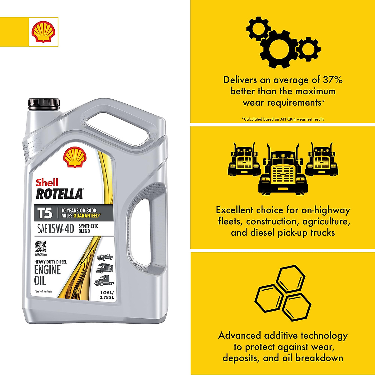 Shell Rotella T5 Synthetic Blend 15W-40 Diesel Engine Oil, 1 Gallon