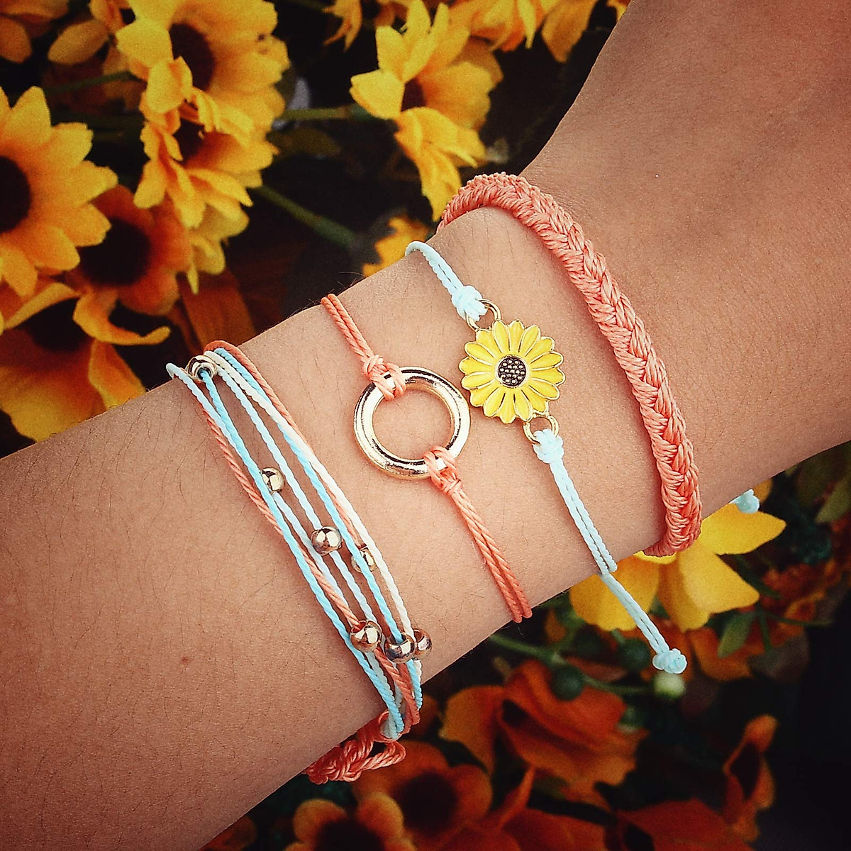 FANCY SHINY Sunflower String Bracelet Handmade Braided Rope Charms Boho Surfer Bracelet for Women(Coral)