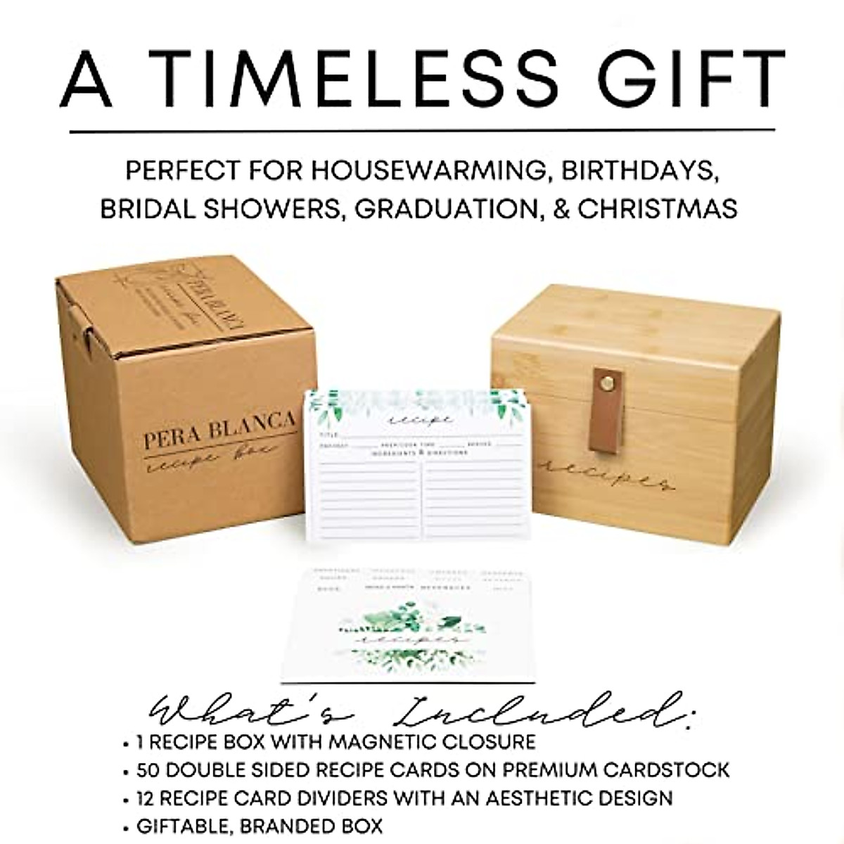 Pera Blanca Recipe Box with Cards and Dividers | Recipe Card Box Faux Leather Handle | 50 Eucalyptus Patterned Recipe Cards and Box Set | Wooden Recipe Box | Housewarming Gifts | Wood Recipe Box 4x6