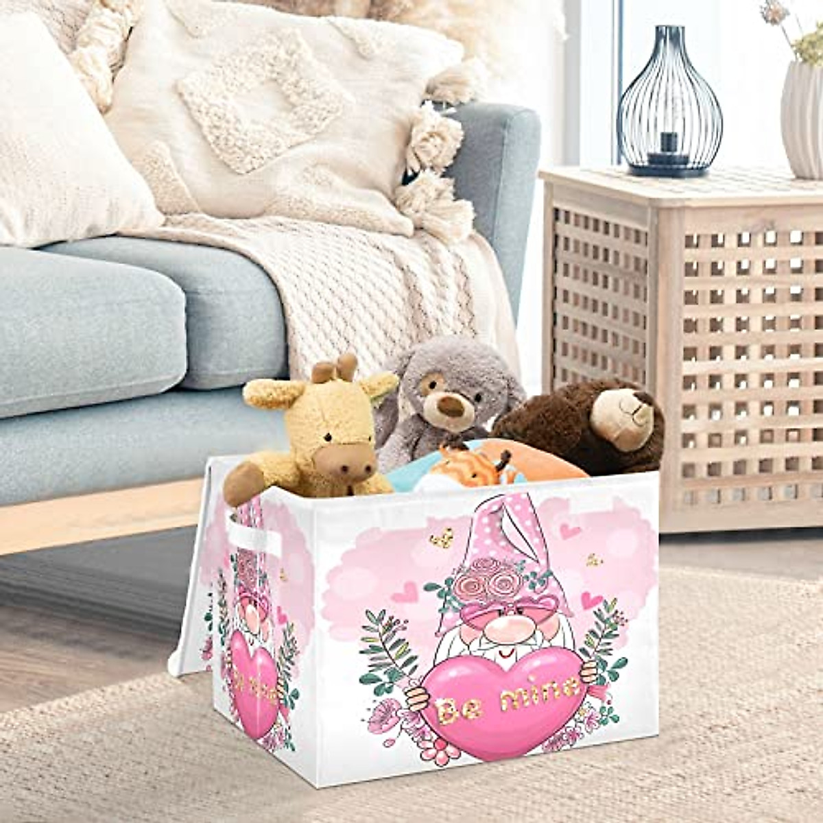 DOMIKING Valentine Gnome Heart Large Storage Bin with Lid Collapsible Shelf Baskets Box with Handles Toys Organizer for Nursery Drawer Shelves Cabinet