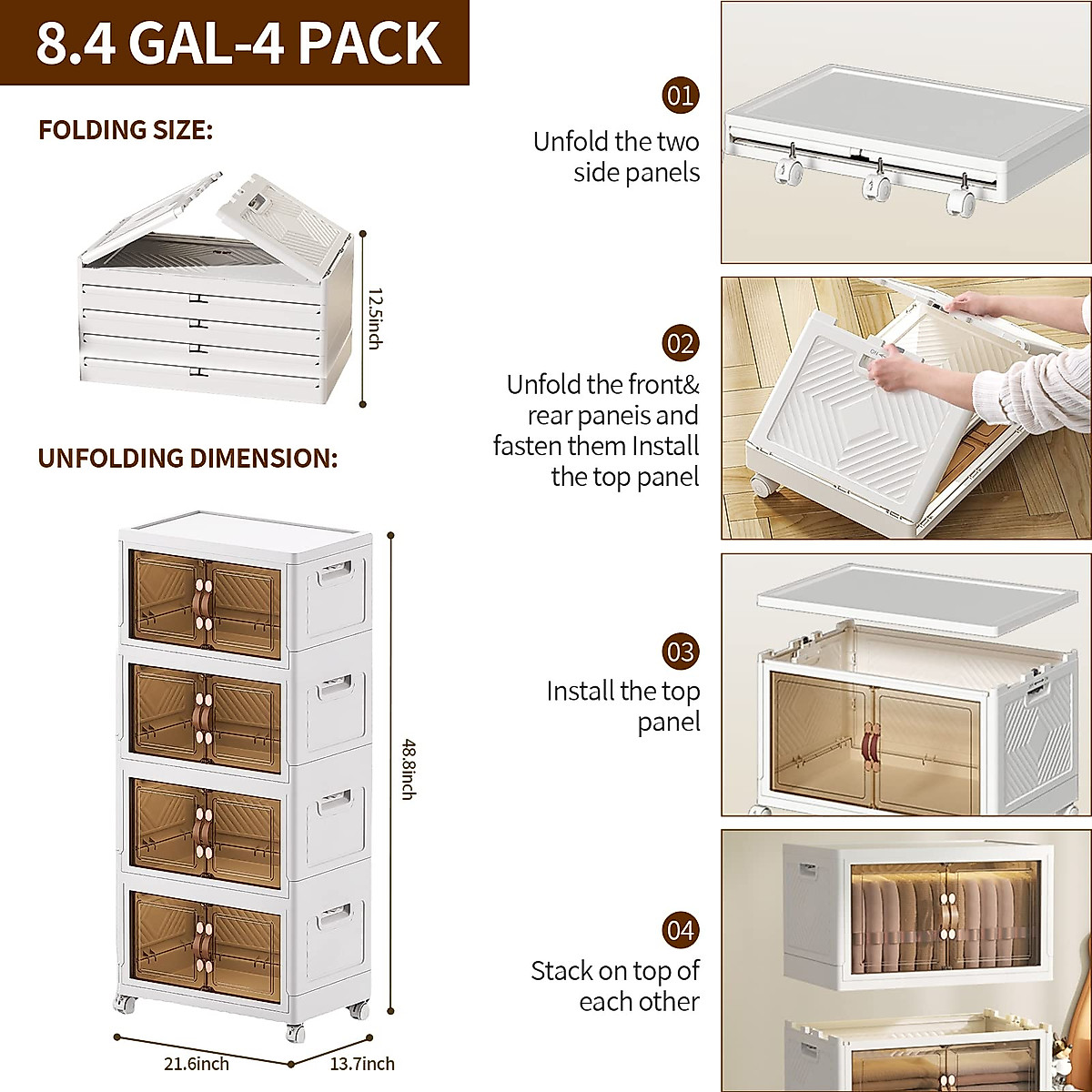 HPONQIONE Foldable Plastic Storage Box With Wheels and Doors XLLarge Storage Bin with Lid Organizers Stackable Storage Bins, Closet Organizers Double Door Magnetic with Universal Pulley(8.4Gal-4Pack)