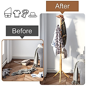 FILWH Bamboo Coat Rack Freestanding Adjustable Coat Tree with 3 Sections & 8 Hooks Easy to Assemble Coat Hanger Stand for Bedroom Office Hallway Entryway Bedroom Coat Rack（Natural）