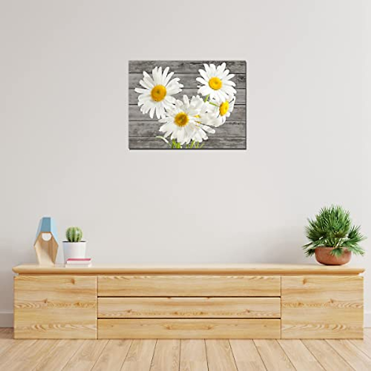 TAOMI White Daisy Flowers Picture Bedroom Bathroom Wall Art Yellow Daisy Flower Wood Grain Canvas Print 12x16 Rustic Farmhouse Floral Artwork for Living Room Office Home Decor Ready to Hang