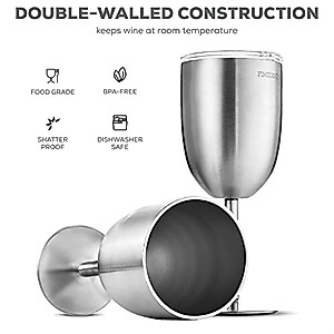 FineDine Stainless Steel Drinking Cup, Wineglasses, Double-Walled Insulated Unbreakable Goblets, BPA-Free Leak-Resistant Lid for Red White Wine, Brushed Metal, 12 Ounces