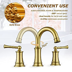 Hangoro Widespread Bathroom Faucet, Brush Gold 2-Handle Faucets for Bathroom Sink, Rough-in Valve & Pop Up Drain Included, Touch On Bathroom Faucets for Vanity, Lavatory, Bathroom(L2304-BG)