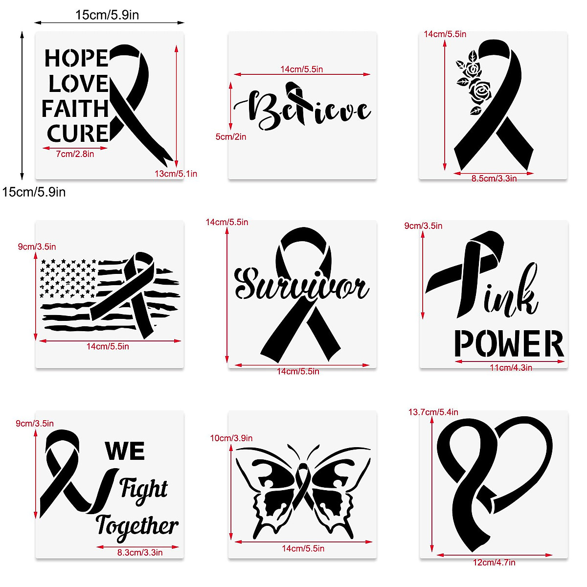 9 Pcs Breast Cancer Raise Awareness Ribbon Stencils, Reusable Stencils Including Believe/Pink Power/Survivor for Painting on Wood Cloth Face Body Survivor Gifts for Breast Cancer Event 6"x6"