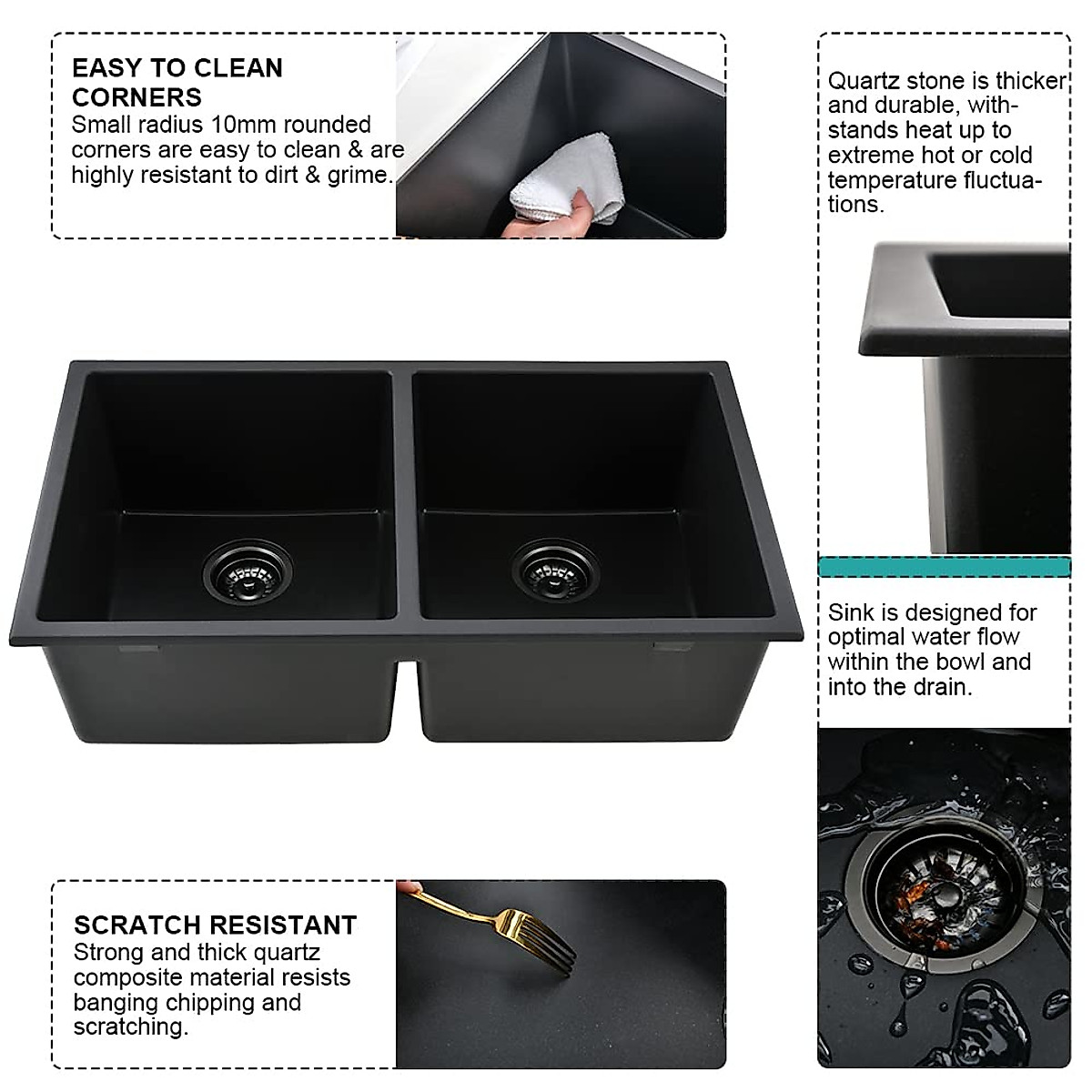 32 Inch Black Kitchen Sink Undermount-iAnomla 32x18 Inch Double Bowl Kitchen Sink 50/50 Black Quartz Composite Undermount Kitchen Sink