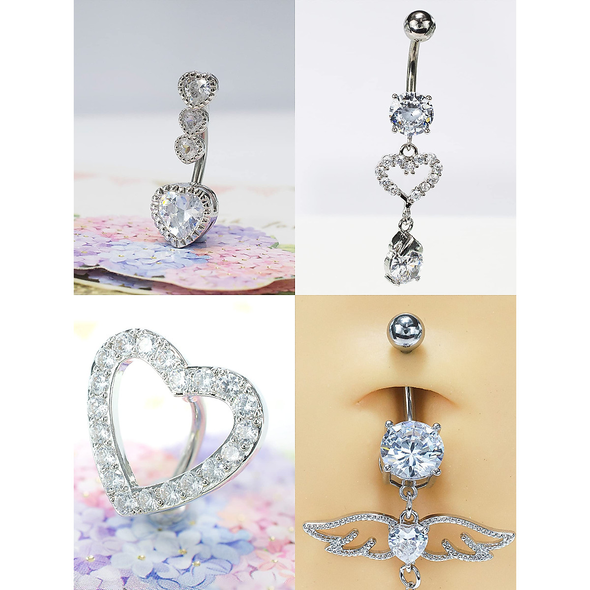 14G Surgical Steel Belly Button Rings Round/Love Heart Clear CZ Navel Curved Barbell Studs Sexy Body Piercing (4PCS - Steel - Style A)