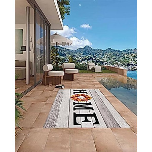 Outdoor Area Rug for Patio,Fall Thanksgiving Home Word Maple Leaf Wreath Camping Rugs Indoor Large Floor Mat 4x6ft,Sunflower Retro Wood Grain Outside Carpet for Deck RV Picnic Porch Backyard Bedroom