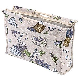 1 Piece Knitting Bag, Exquisite Practical Woven Fabric Storage Bag with Wood Handle for Yarn Knitting Needles Sewing Tools(Blue Flower)