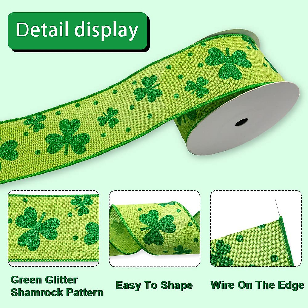 St Patrick's Day Ribbons 2.5" 10 Yards, Black White Plaid Wired Edge Burlap Ribbon Green Glitter Shamrock Wrapping Ribbon for St Patrick's Day Birthday Party Wrapping DIY Craft Decoration Wreaths Bow