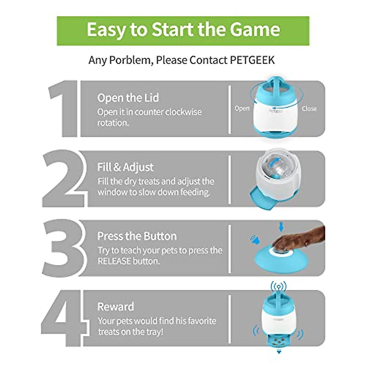 PETGEEK Automatic Dog Feeder Toy, Interactive Dog Puzzle Toys Treat Dispensing, Electronic Dog Food Dispenser Remote Control, Safe ABS Material Pet Toy for All Breeds of Dogs, Blue Color