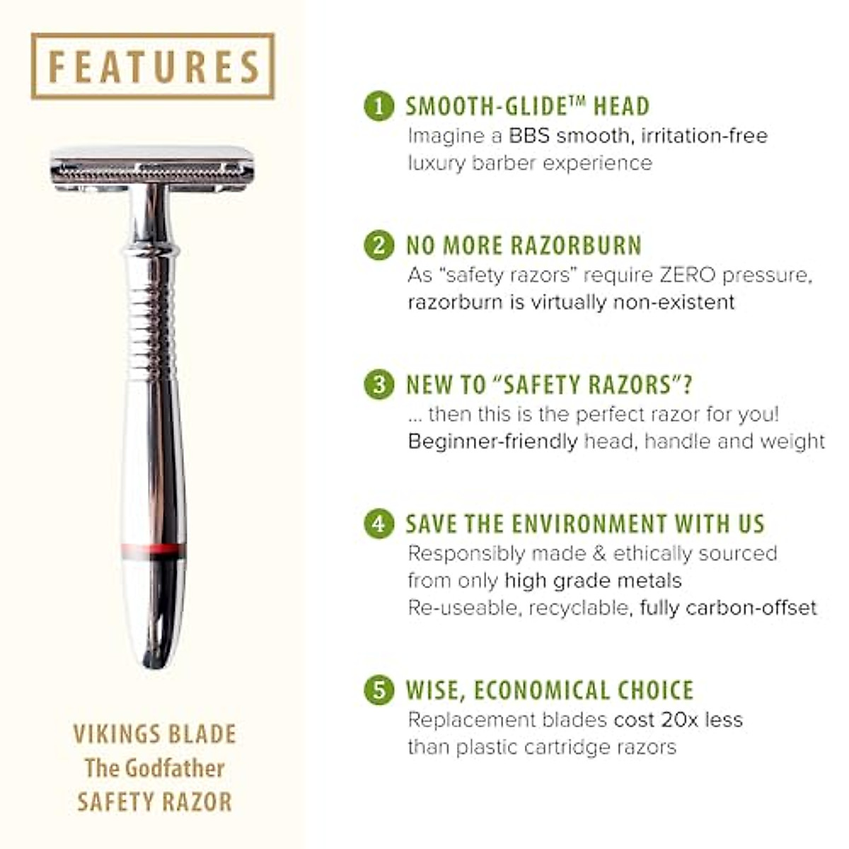 VIKINGS BLADE Double Edge Safety Razor for Men + 5 Swedish Steel Blades + Luxury Case. Classic 3-Piece. Reusable, Eco-Friendly (The Godfather)