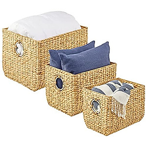 mDesign Natural Woven Hyacinth Closet Storage Organizer Basket Bin - for Cube Furniture Shelving in Closet, Bedroom, Bathroom, Entryway, Office - 3 Pack - Natural/Chrome
