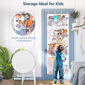 Woodoulogy Hanging Stuffed Animal Storage, Over Door Large Plush Toy Organizer with Metal Hook, Baby Accessory Holder Idea for Nursery, Doll & Bear Mesh Hammock Bag for Girl Boy Kid Room