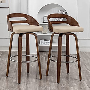 Bar Stools Set of 2, Swivel Bar Height Stools with Walnut Bentwood, Low Back, Upholstered Faux Leather, Soft Cushion Seat, Mid Century Bar Stools for Kitchen/Island/Counter (Beige, 25" Seat Height)