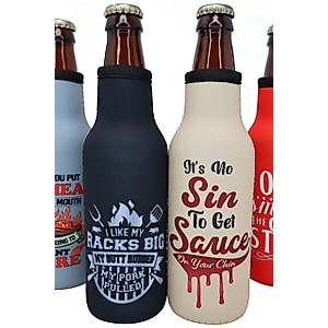 BBQ Smoker Bottle Coolies - Barbecue Meat Smoking Gift for Dad,Useful Gifts for Men Who Have Everything,Bottle Cooler Insulator Sleeve w Zipper,Built-In Removable Opener,Insulated 12 oz. Bottle Coolie