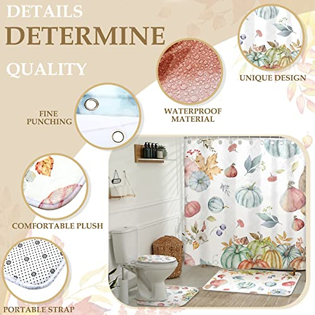 Thanksgiving Shower Curtain Set Fall Pumpkin Shower Curtain Sets 4 Pcs Autumn Waterproof Polyester Bath Curtains with Hooks Non Slip Rug Toilet Lid Cover and Bath Mat Bathroom Decor Set, 72" x 72"