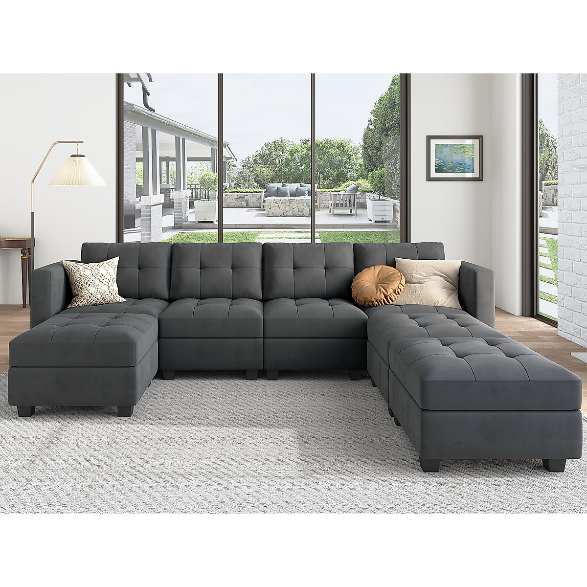HONBAY Modular Sectional Sofa Oversized U Shaped Couch with Storage Seat Velvet 7 Seater Modular Sofa with Reversible Chaises, Bluish Grey