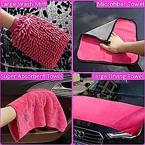 FORCAR 29Pcs Car Wash Cleaning Kit with Extendable Long Handle Brush Mop & Long Pole Window Water Scraper, 63" Large Towels, 16" Large Storage Box, Wash Mitt for Interior and Exterior Detailing, Pink