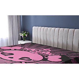 Ambesonne Skull Fitted Sheet, Illustration Crown Dark Grunge Style Teen Spooky Halloween October Fall Print, Soft Decorative Fabric Bedding All-Round Elastic Pocket, Queen Size, Black Pink