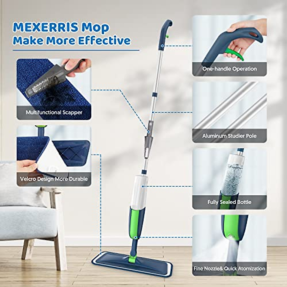 Spray Mops Microfiber Floor Mops for Floor Cleaning - MEXERRIS Wet Mops Dust Mop with 4 Microfiber Pads and 2 Refillable Bottle Wood Floor Cleaning Mop for Hardwood Laminate Tiles Floors Cleaning