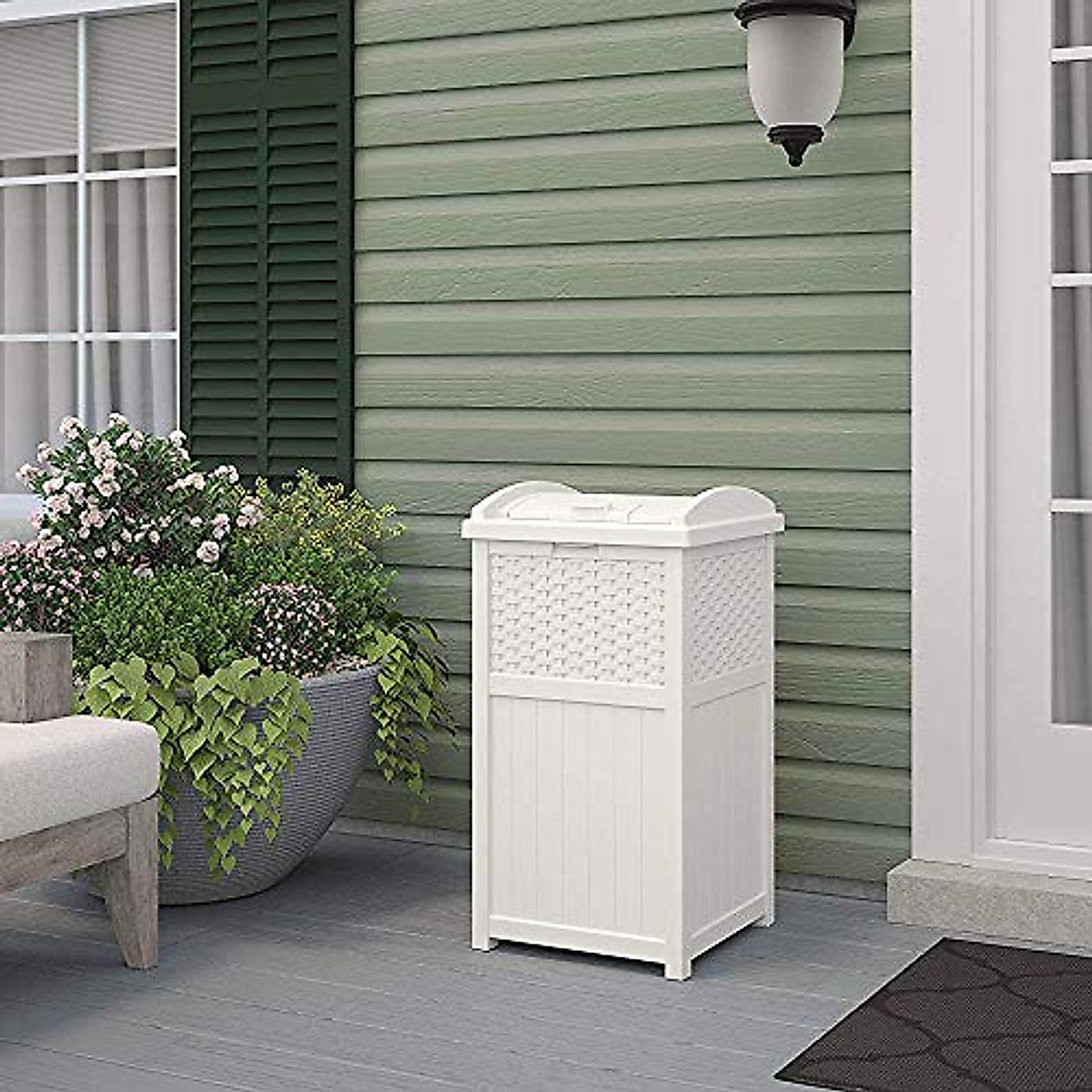 Suncast Wicker Resin Outdoor Hideaway Trash Can Bin with Latching Lid for Use in Backyard, Deck, or Patio, White (2 Pack)