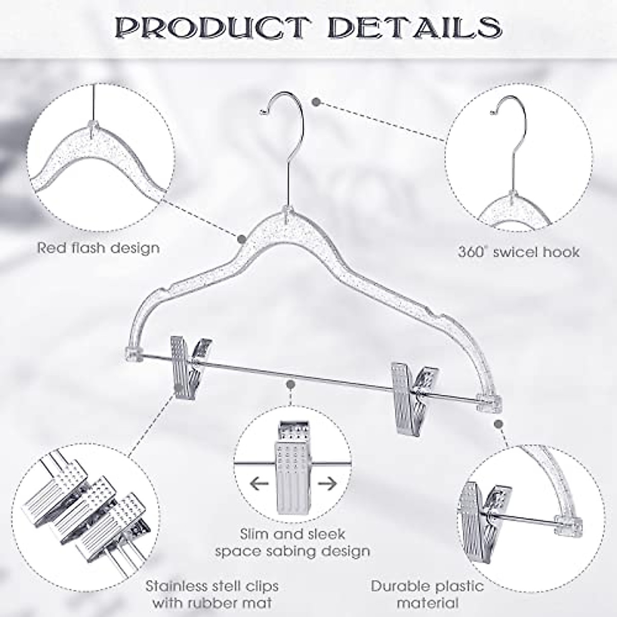 Hoolerry 10 Pcs Clear Hangers with Clips Acrylic Glitter Hangers 17 x 8 Inches Plastic Skirt Pants Hangers with Non Slip Notches Adjustable Clips Coat Hanger for Clothes Skirt Trousers Jeans (Silver)