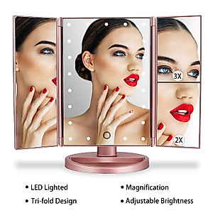deweisn Tri-Fold Lighted Vanity Mirror with 21 LED Lights, Touch Screen and 3X/2X/1X Magnification, Two Power Supply Modes Make Up Mirror,Travel Mirror